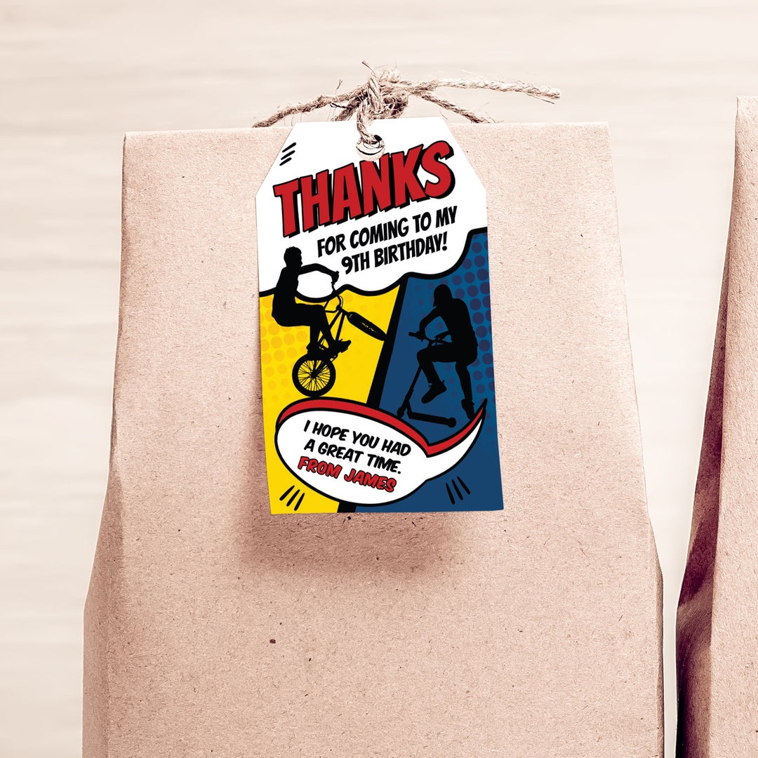 Editable Riding Birthday Thank You Tags BMX Biker Scooter Party Favor ...