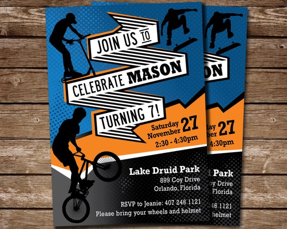 Bike Scooter Skateboard Party Invite, Skating Scooting Biking DIGITAL ...