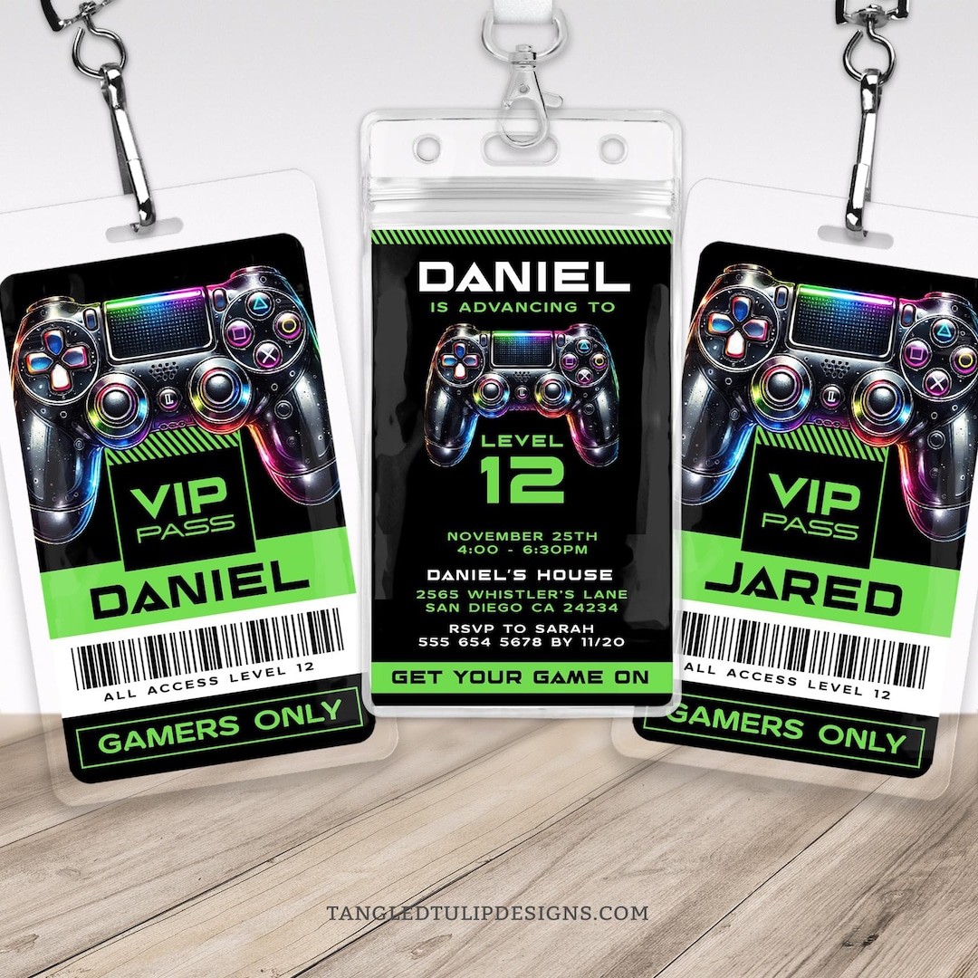 Gamer Birthday Invitation | Boy VIP Gamer Badge Birthday Party Invite ...