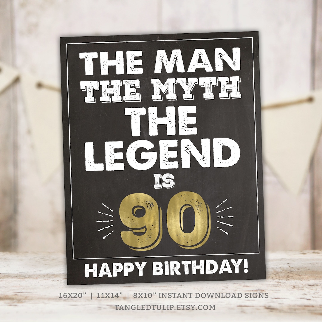 90th Birthday Sign the Man the Myth the Legend Man Party Gold ...