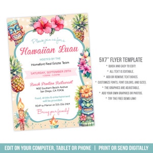 Company Luau Invitation, Editable Hawaiian Luau Flyer Invite for Staff ...