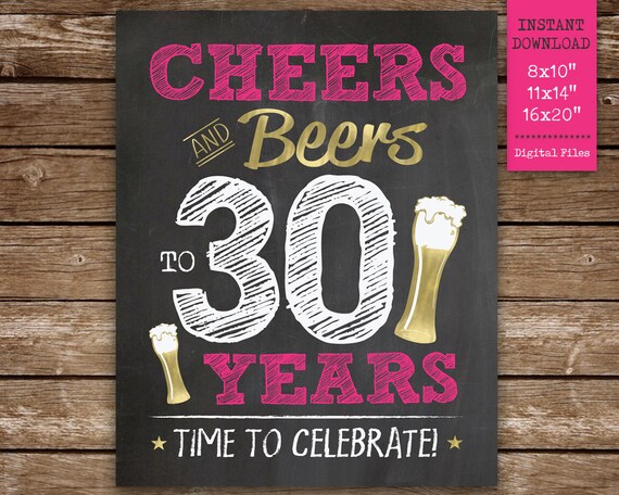 30th Birthday Sign, Cheers and Beers to 30 Years Printable Sign ...