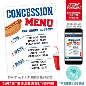 Concession Menu Poster | Refreshment Stand Price List | Printable ...