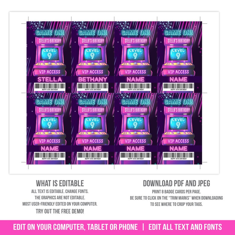 Arcade Party VIP Badge | Glow Arcade Birthday Name Badge | Editable ...