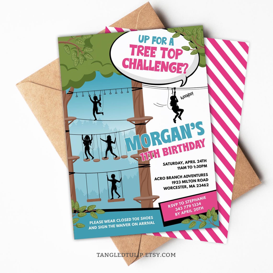 Rope Course Birthday Invitation | Girl Zipline Tree Top Adventure Party ...