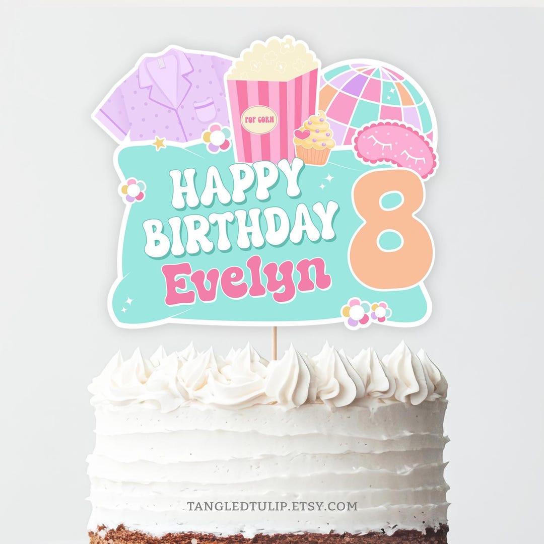 Retro Sleepover Birthday Cake Topper | Custom Name & Age Cake Topper ...