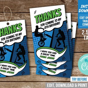 Editable Bike Scooter Thank You Tag Template Boy BMX Party Favor Tags ...