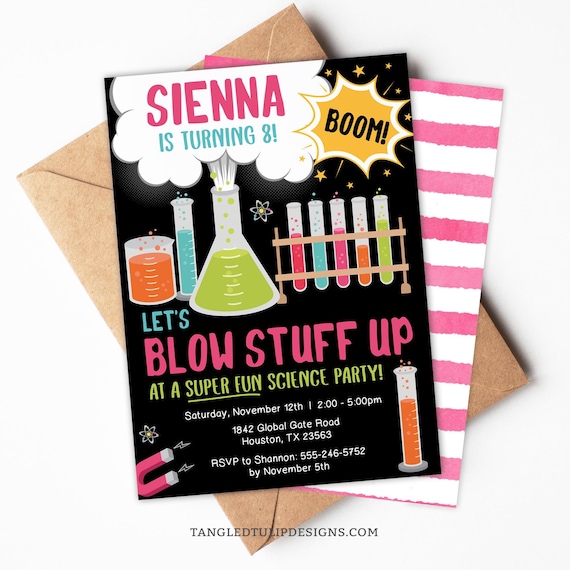 Science Experiment Birthday Invites Girl's Science Experiment