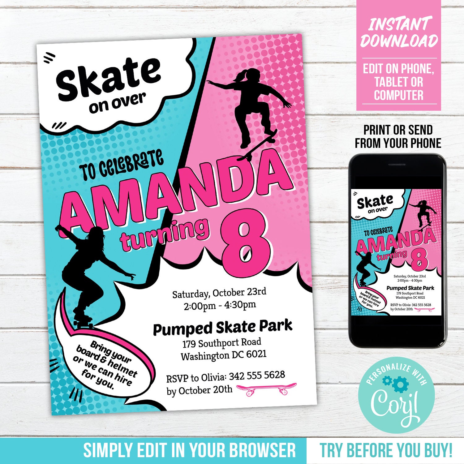 Skateboarding Birthday Invitation | Girl Skateboard Skater Birthday ...