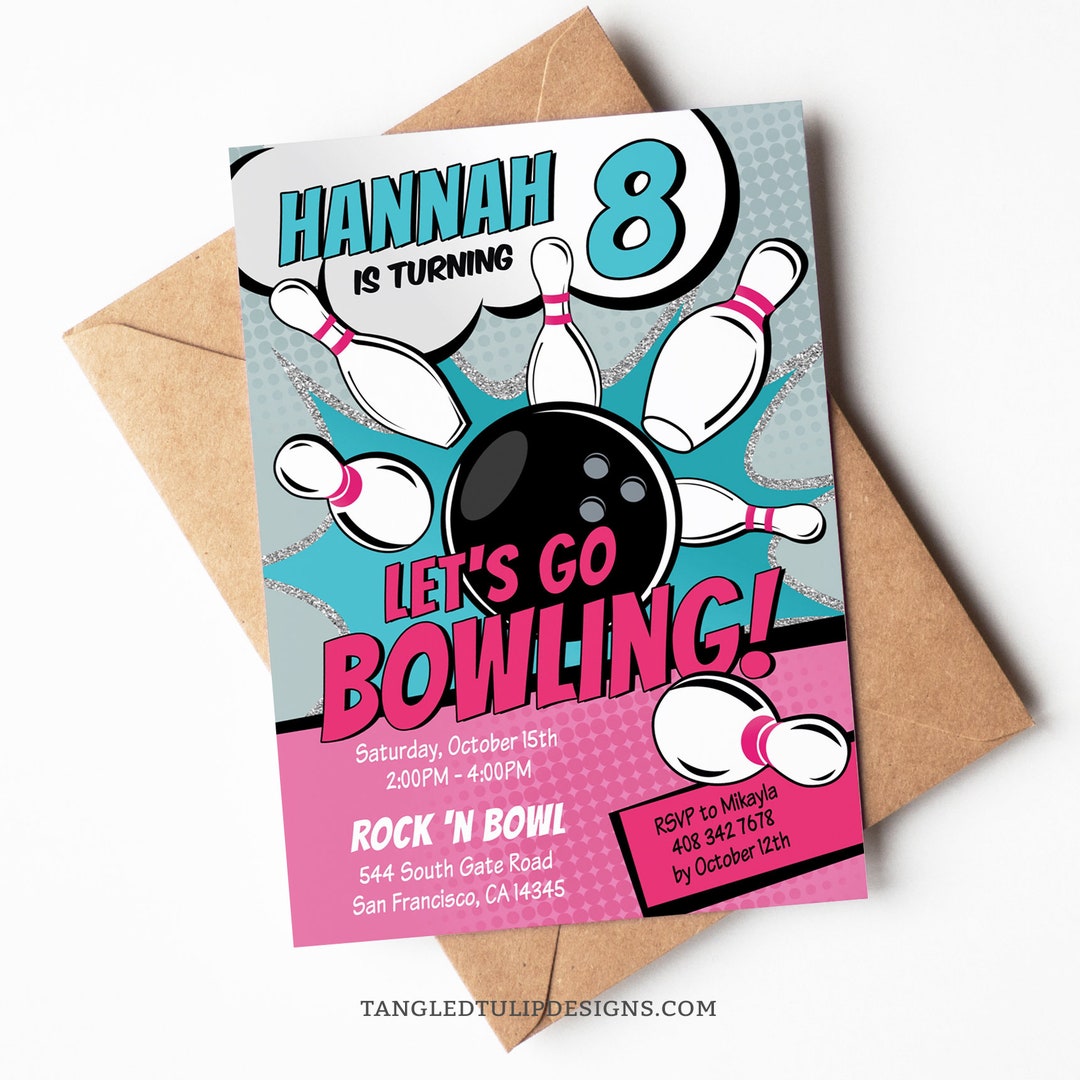 Bowling Birthday Invitation Girl Editable Tenpin Bowl Party Invite Pink ...