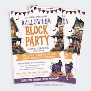 Editable Halloween Block Party Flyer Template, Neighborhood Potluck ...