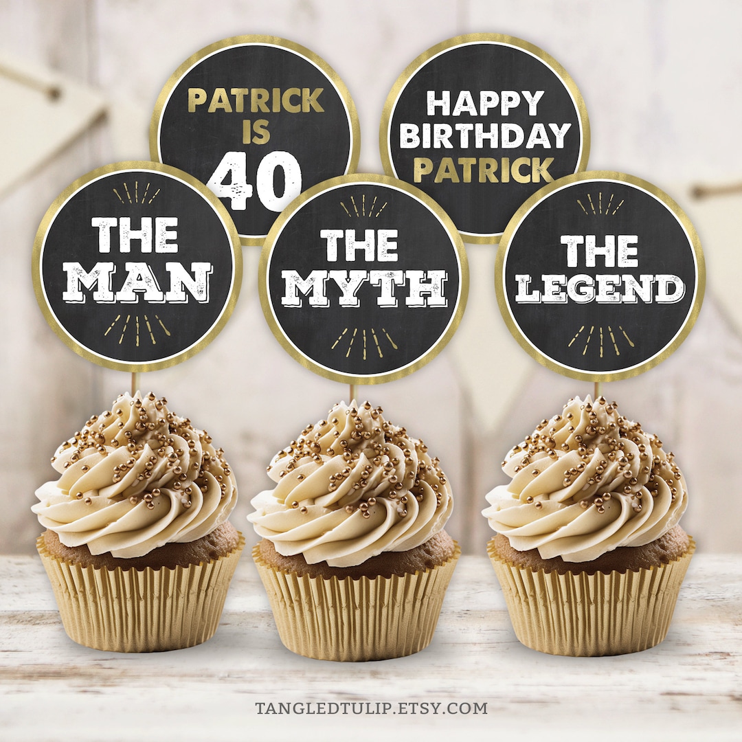 Man Myth Legend Birthday Cupcake Slider Toppers Gold Personalized Party ...