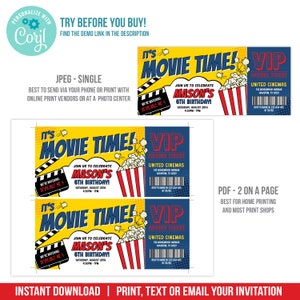 Movie Party VIP Ticket Invitation, Boys EDITABLE Movie Birthday Invite ...
