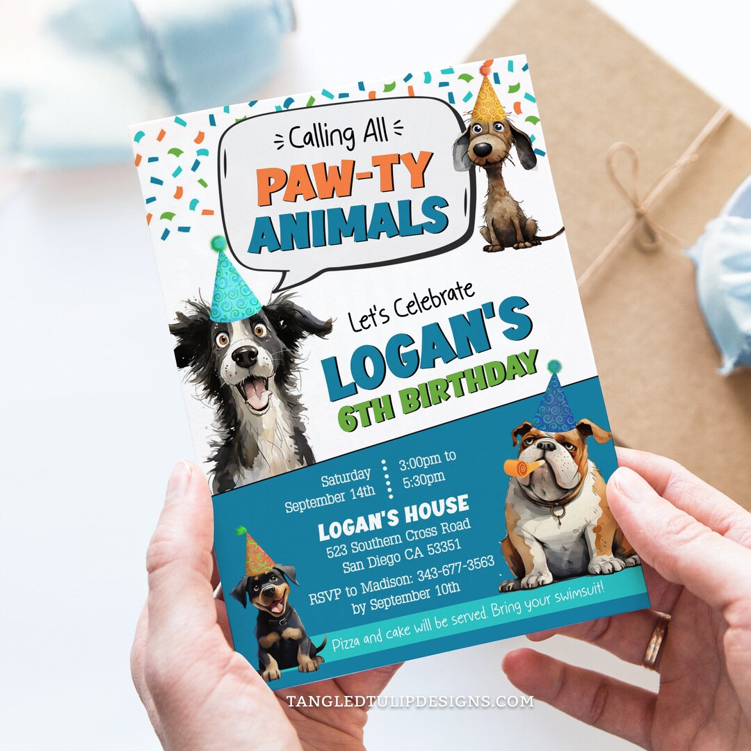 Dog Themed Birthday Invitation, Paw-ty Animals, Editable Birthday ...