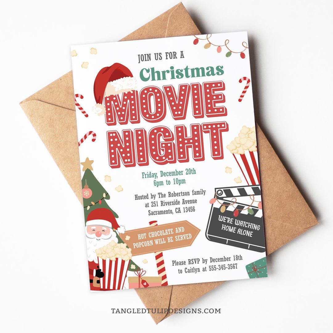 Editable Christmas Movie Night Invitation, Christmas Movies Party ...