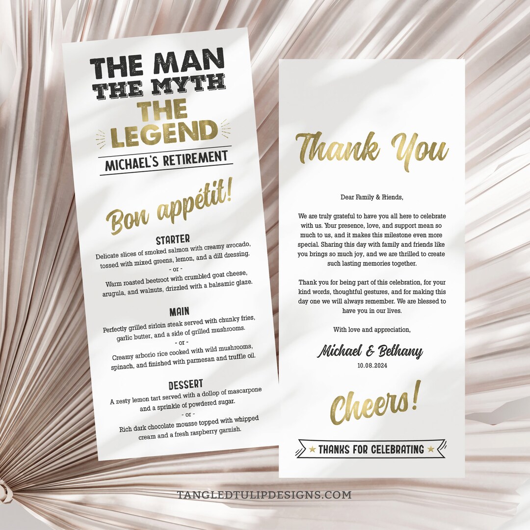 Man Myth Legend Retirement Dinner Menu Card, Editable Retire Menu and ...