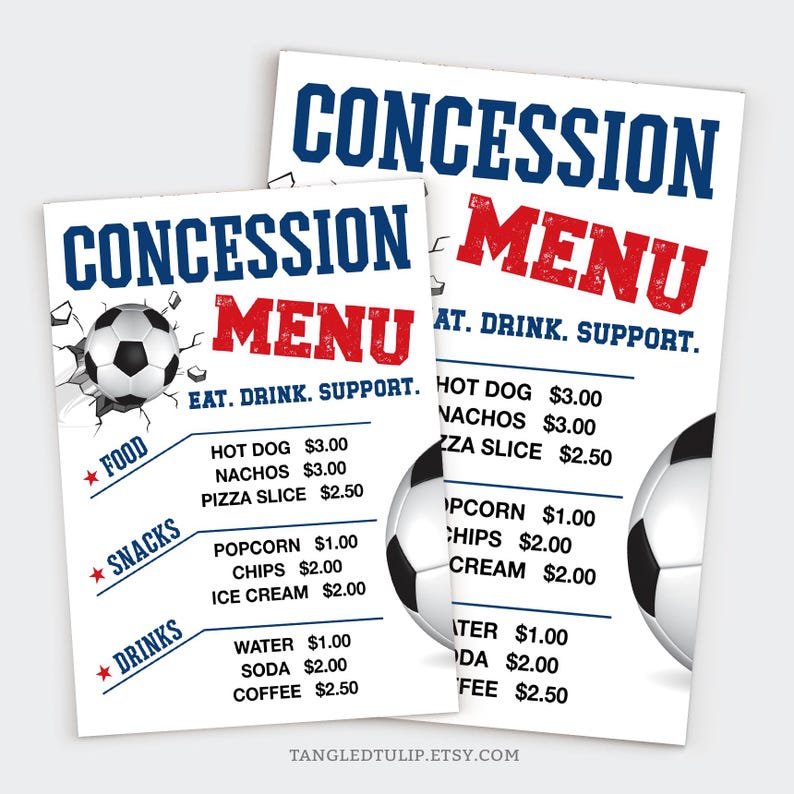 Soccer Concession Menu Poster | Soccer Refreshment Stand Price List ...