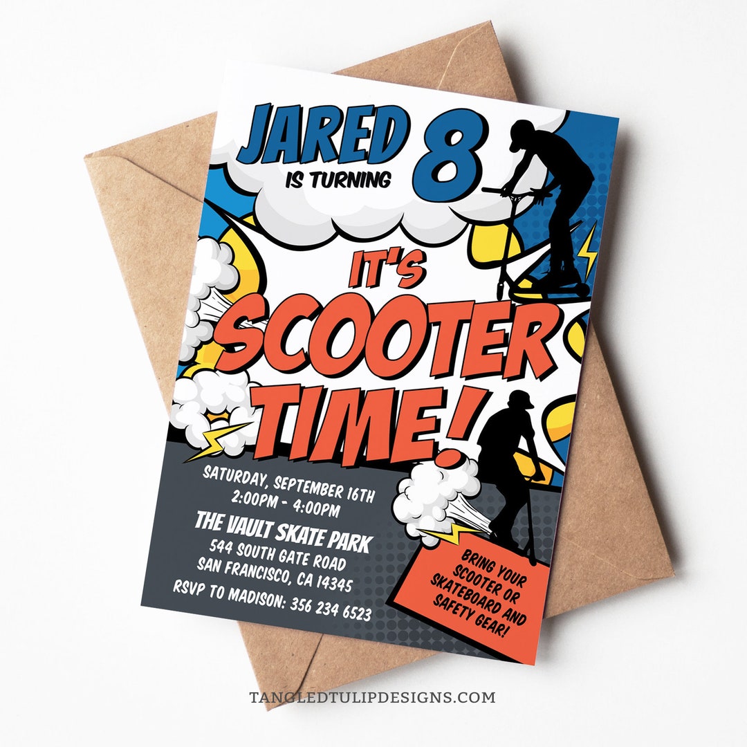 Scooter Birthday Invitation Template, Editable Scooter Party Invite ...
