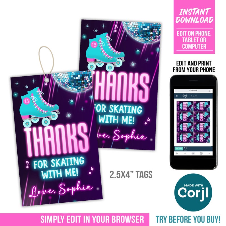 Roller Skating Birthday Thank You Favor Tags | Neon Glow Roller Skate ...