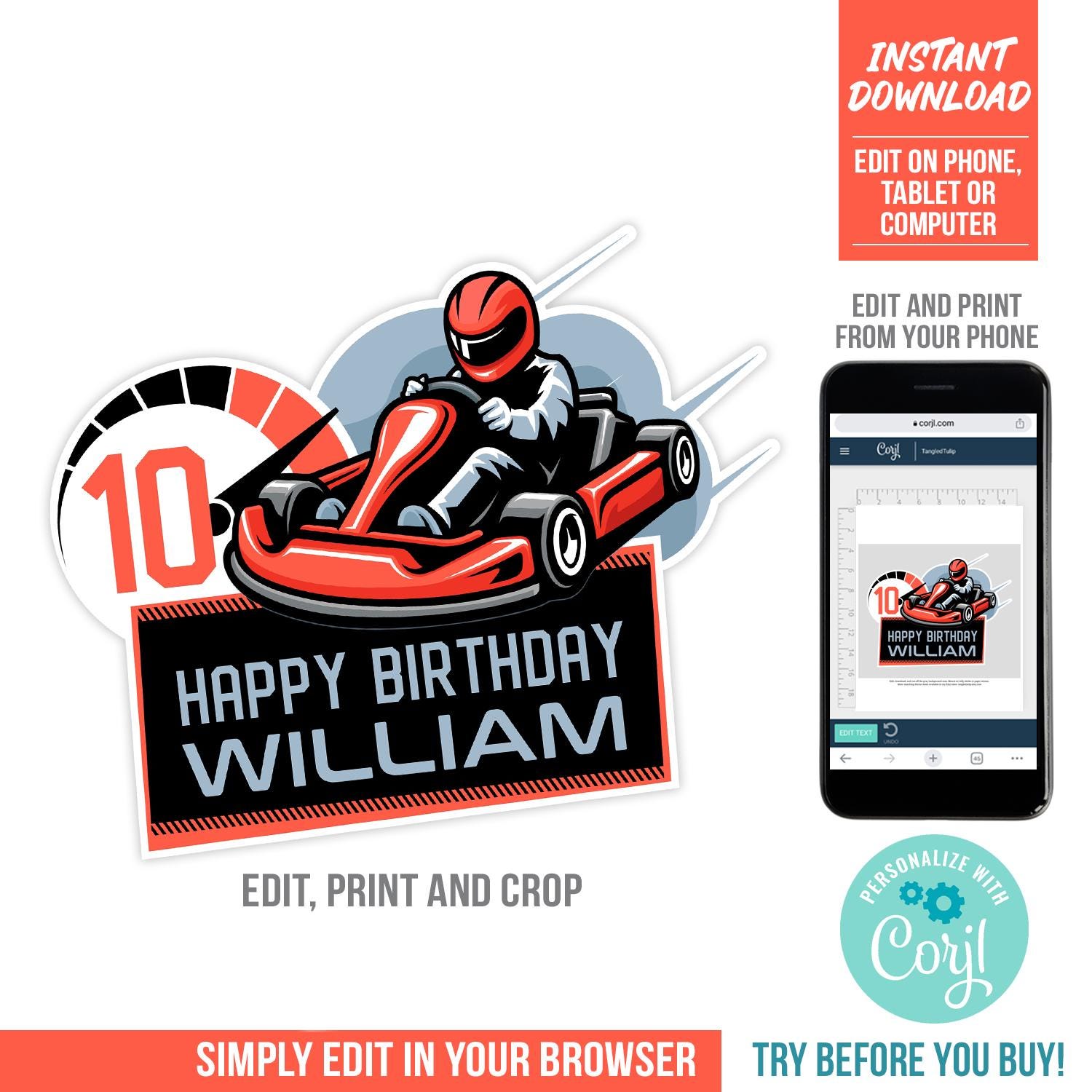 Go Kart Party Cake Topper | Custom Name & Age Birthday Cake Topper ...