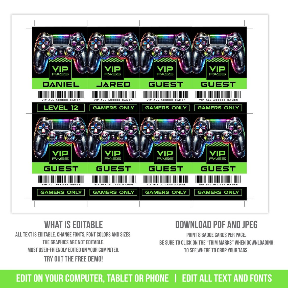 Gamer VIP Badge | Gaming Birthday Party Name Badge | Editable Lanyard ...