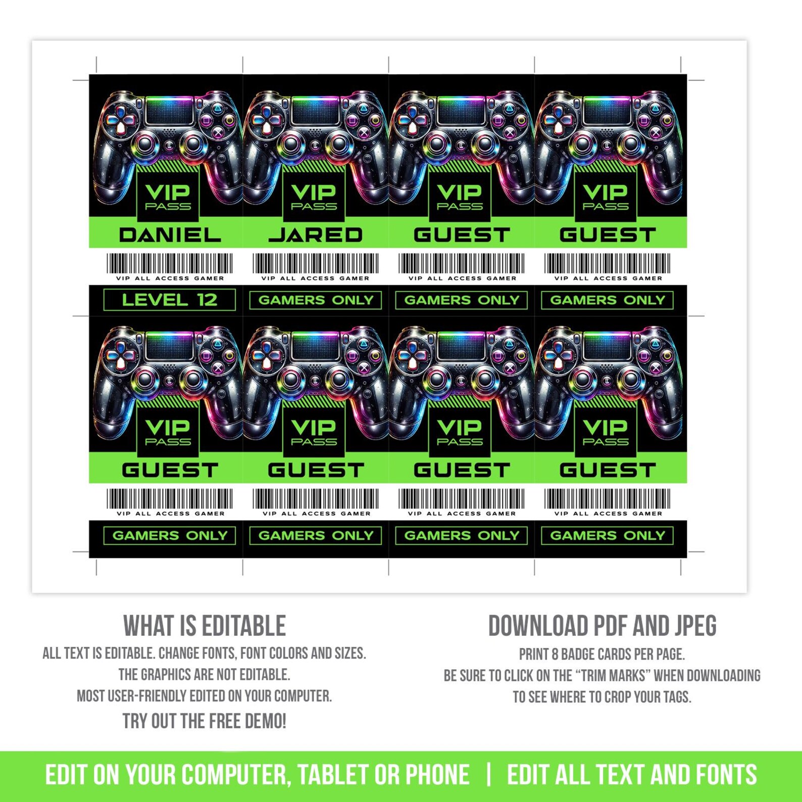 Gamer VIP Badge | Gaming Birthday Party Name Badge | Editable Lanyard ...