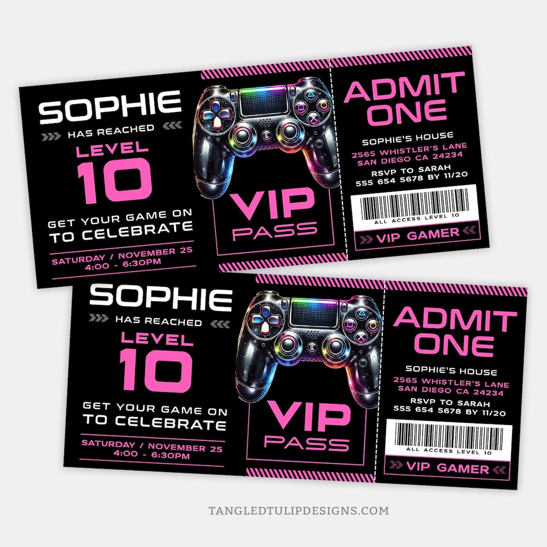 Editable Girl Gamer Birthday Invitation Ticket, Game Truck Party Ticket ...