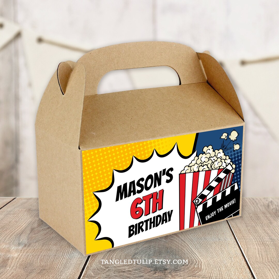 Editable Movie Birthday Gable Box Label for Boys Movies & Popcorn Party ...