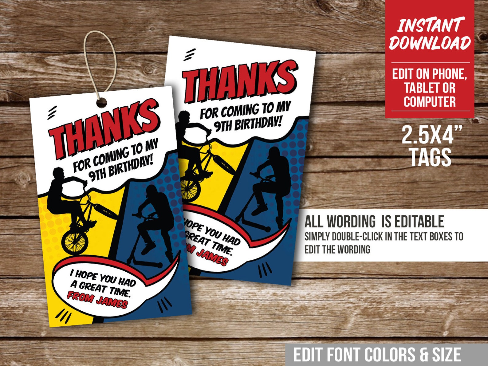 Editable Riding Birthday Thank You Tags BMX Biker Scooter Party Favor ...
