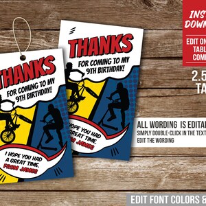 Editable Riding Birthday Thank You Tags BMX Biker Scooter Party Favor ...