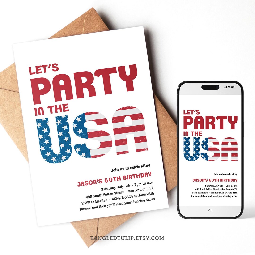 America Themed Birthday Invitation, Editable USA Party Invite, Party in ...