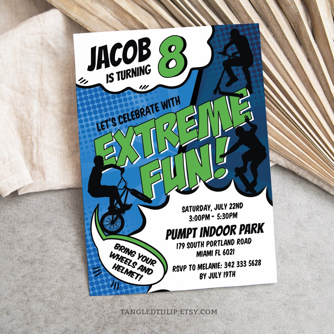 Extreme Fun Birthday Invitation: Biker, Skater, Scooter Party Invite ...