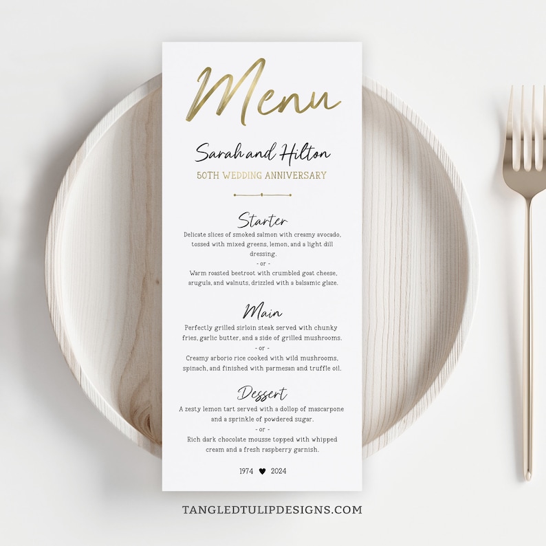 Anniversary Dinner Menu | 50th Anniversary Gold Menu and Thank You Card ...