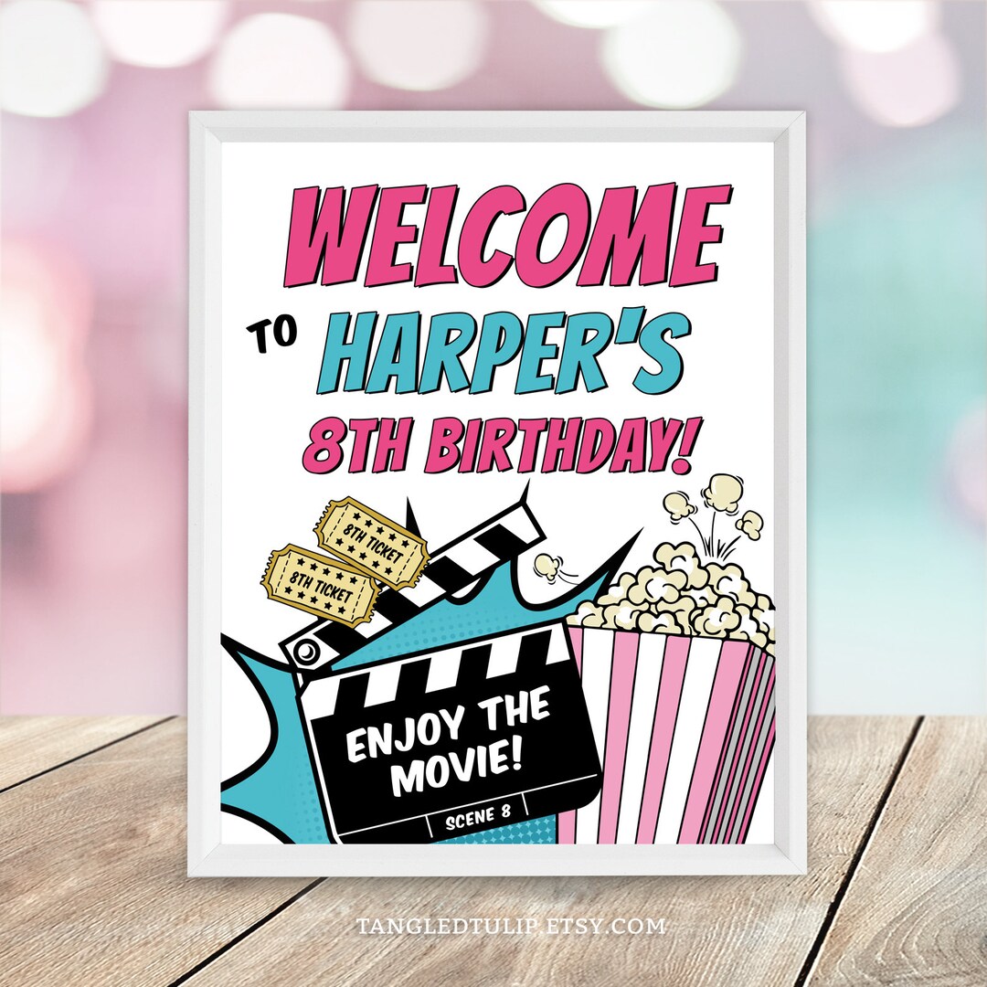 Movie Party Welcome Sign, Editable Movie Birthday Welcome Sign Template ...
