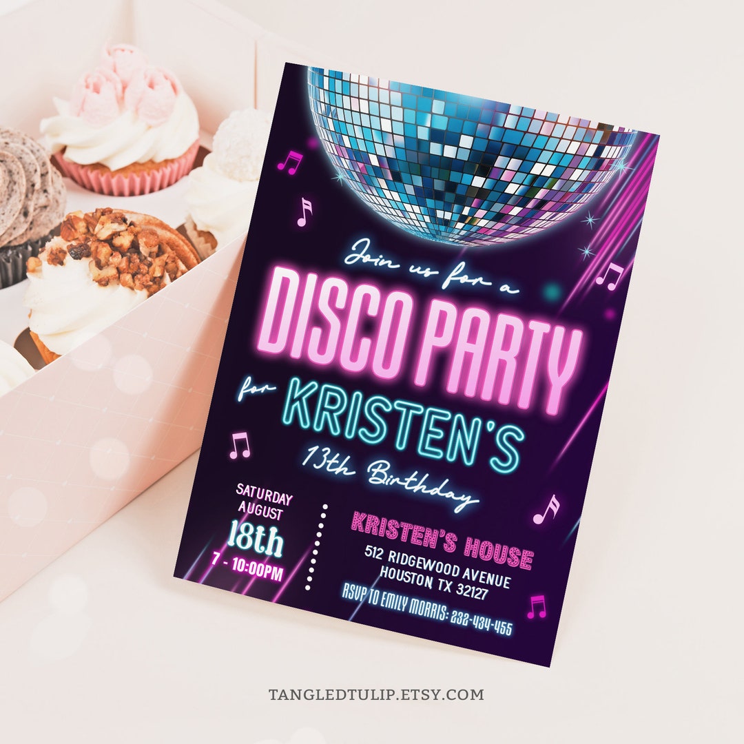 Neon Glow Disco Birthday Invitation Glow in the Dark Disco Ball ...