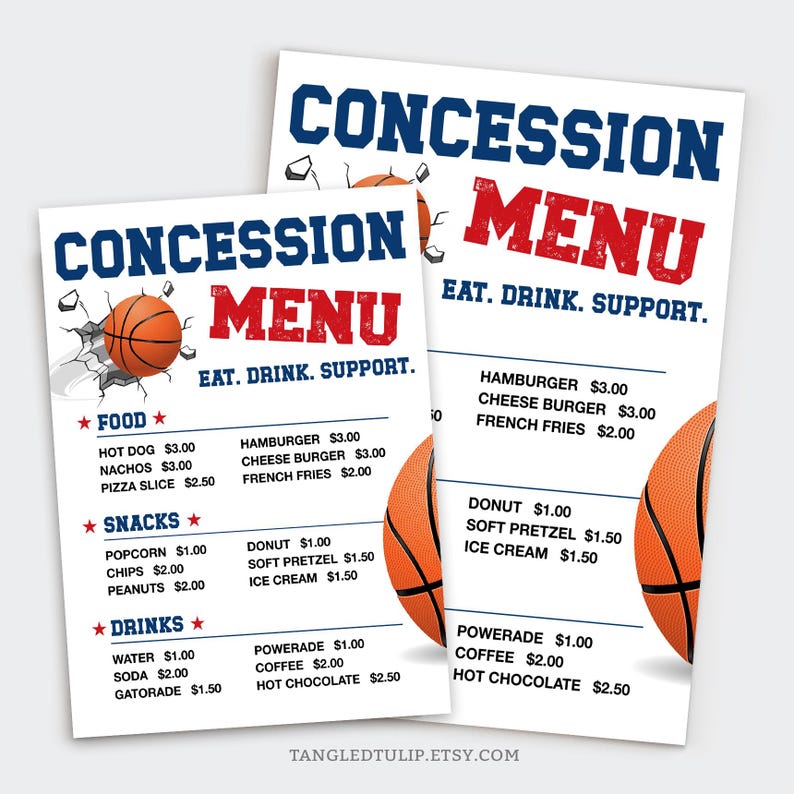 Basketball Concession Menu Poster | Basketball Refreshment Stand Price ...