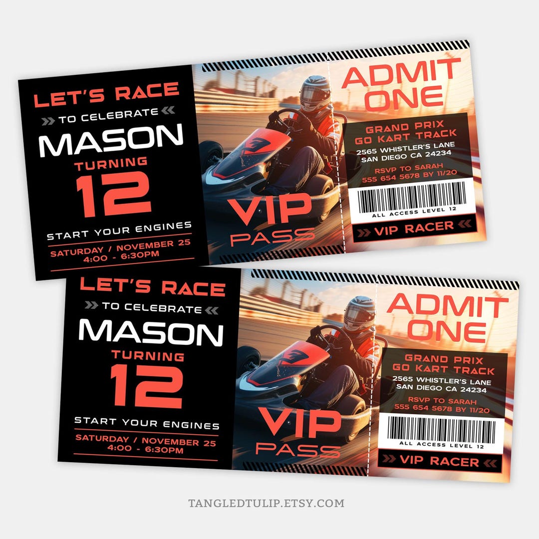 Go Kart Birthday Invitation | Boy Go-kart Racing Ticket Birthday Party ...
