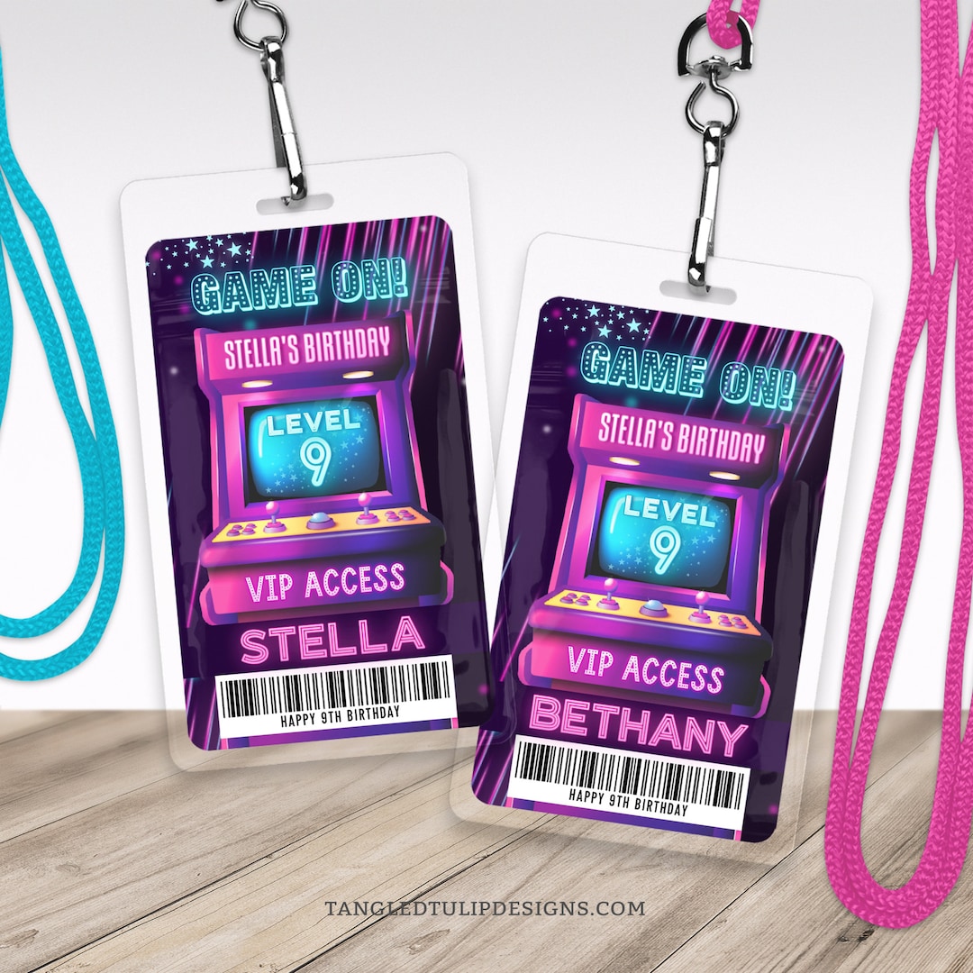 Arcade Party ID Badges, VIP Access Editable Badge for Lanyard, Girl ...