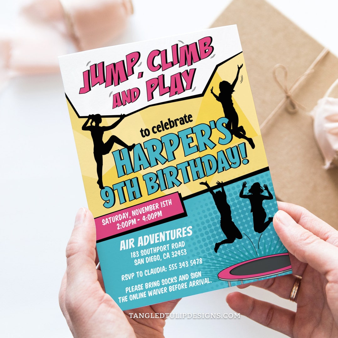 Editable Jumping Birthday Invitation Jump Climb & Play Party Trampoline ...