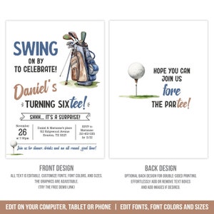 Golf Surprise 60th Birthday Invitation Template, Editable Golf Theme ...