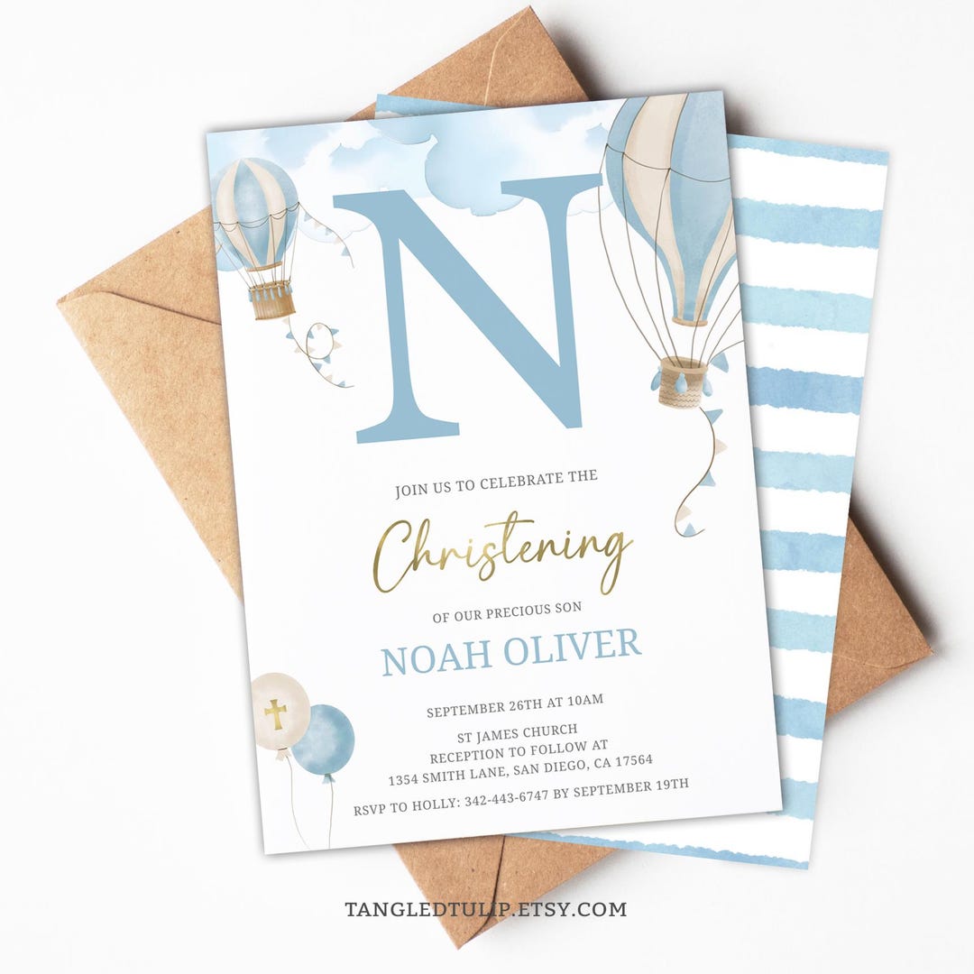 Editable Christening Invitation, Baby Blue Christening Invite, Hot Air ...