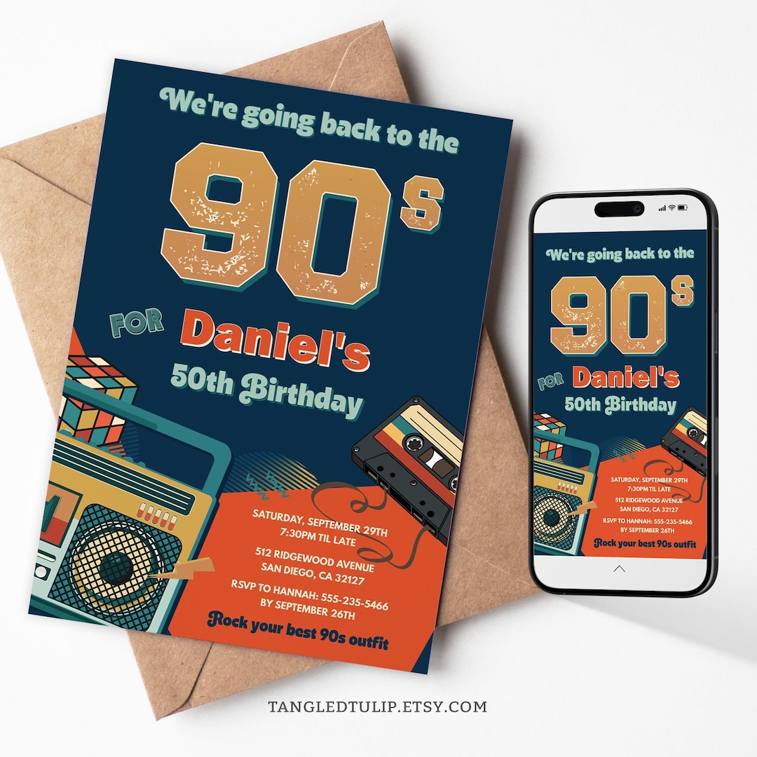 Editable 90s Birthday Invitation for Him, 90's Party Invite Template ...