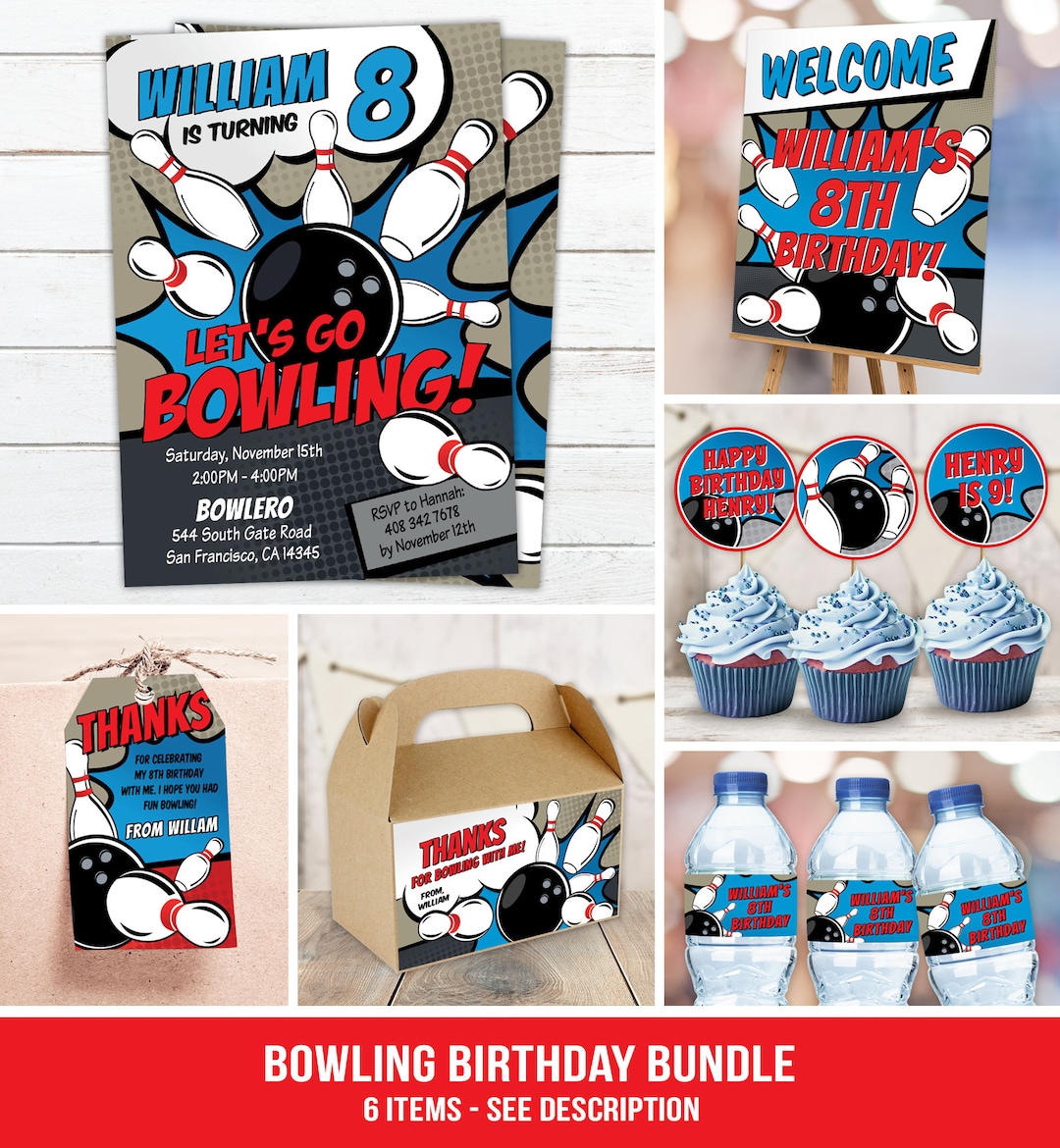 Bowling Birthday Invitation Bundle Boy Tenpin Bowl Party Pack Invite ...