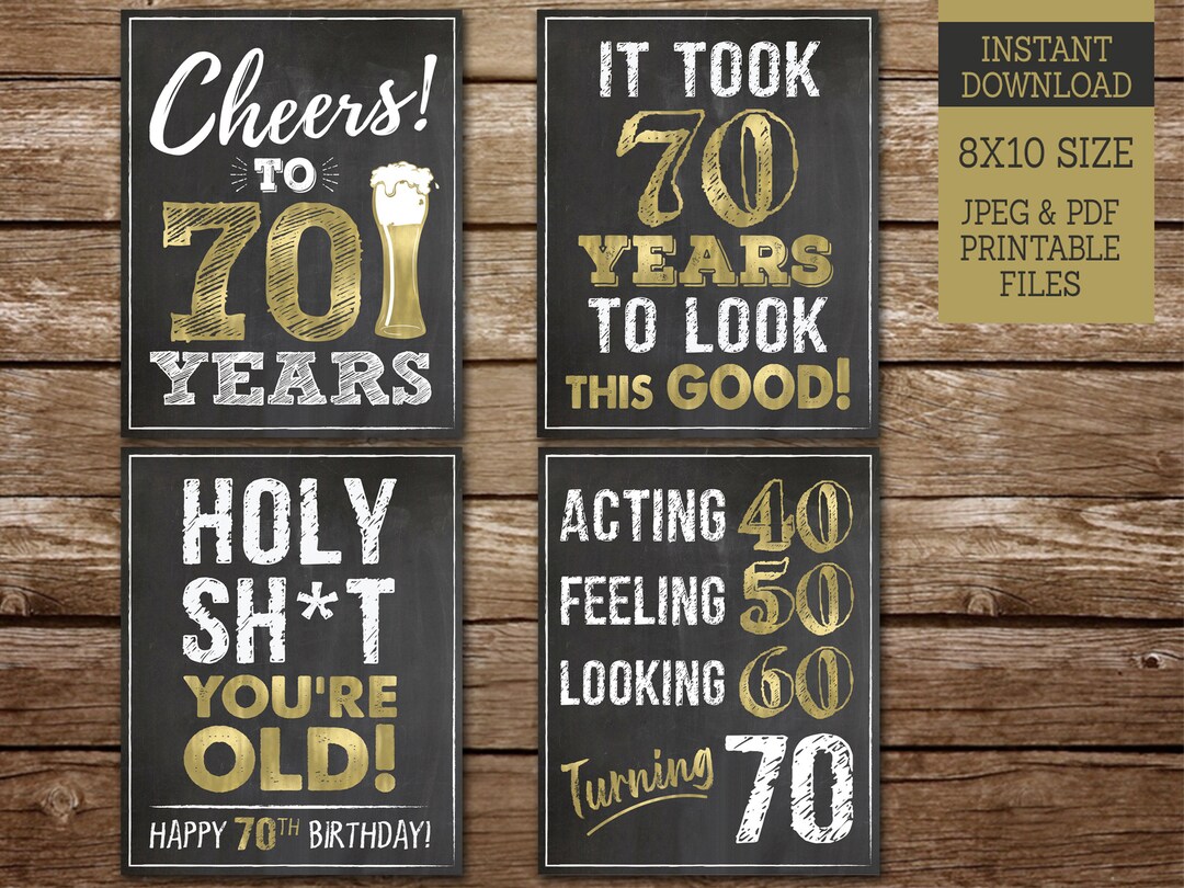 70th Birthday Party Signs: Gold Chalkboard Printable Decor, Cheers to ...