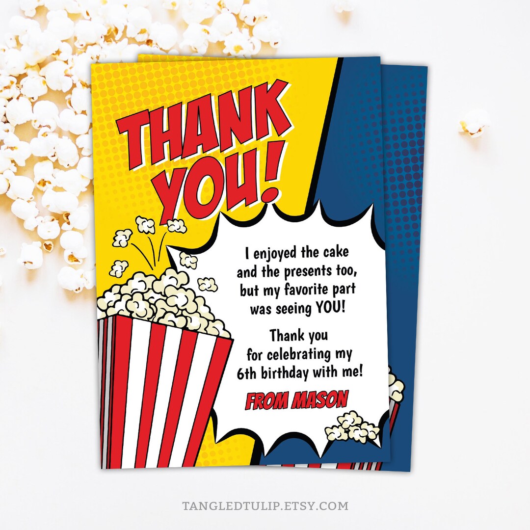 Movie Birthday Thank You Card for Boys: Movies & Popcorn Party ...