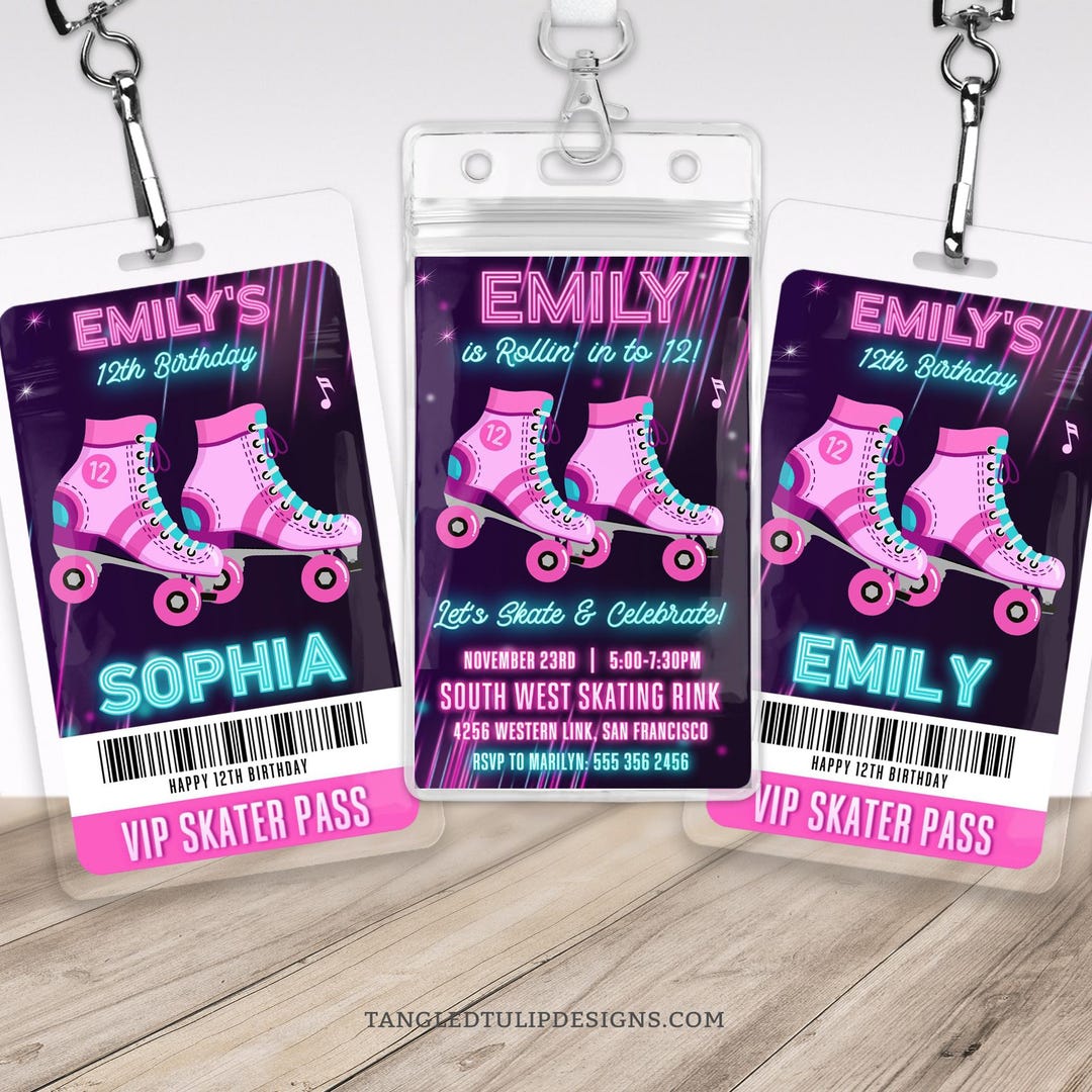 Roller Skating Birthday Invitation Badges | Girl Roller Skate Party ...