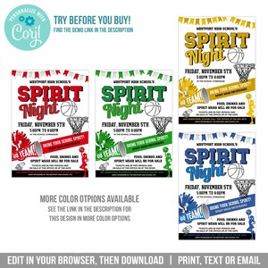 Editable School Spirit Flyer, School Spirit Night Party, Basketball Pep ...