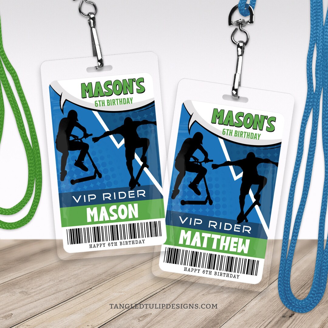Skateboarding Scooter Party ID Badge, VIP Pass Template, Editable Name ...