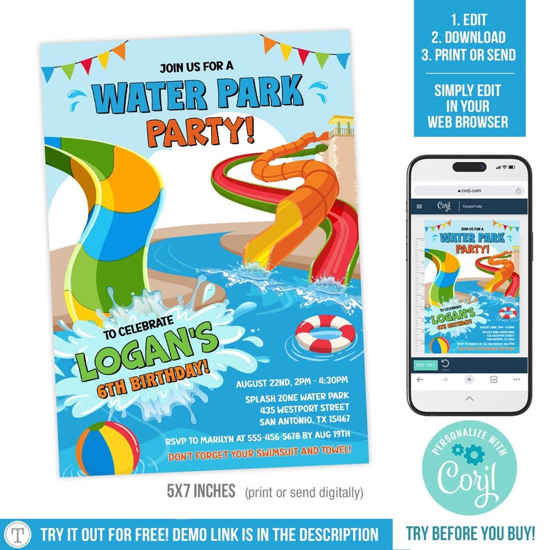 Water Park Birthday Invitation | Boy Water Slides Birthday Party Invite ...