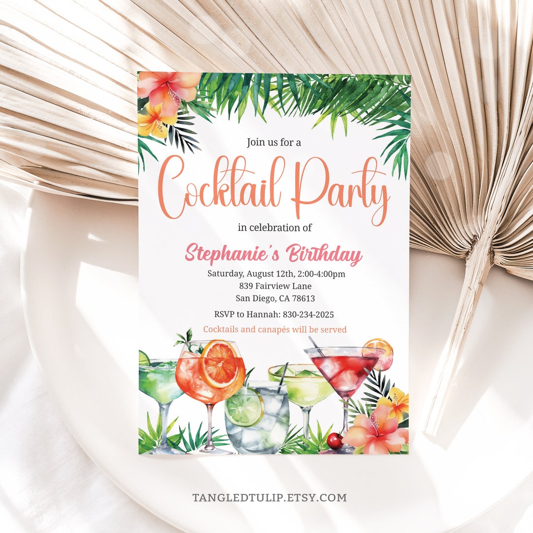 Tropical Cocktail Party Invitation, Editable Summer Cocktails Birthday ...